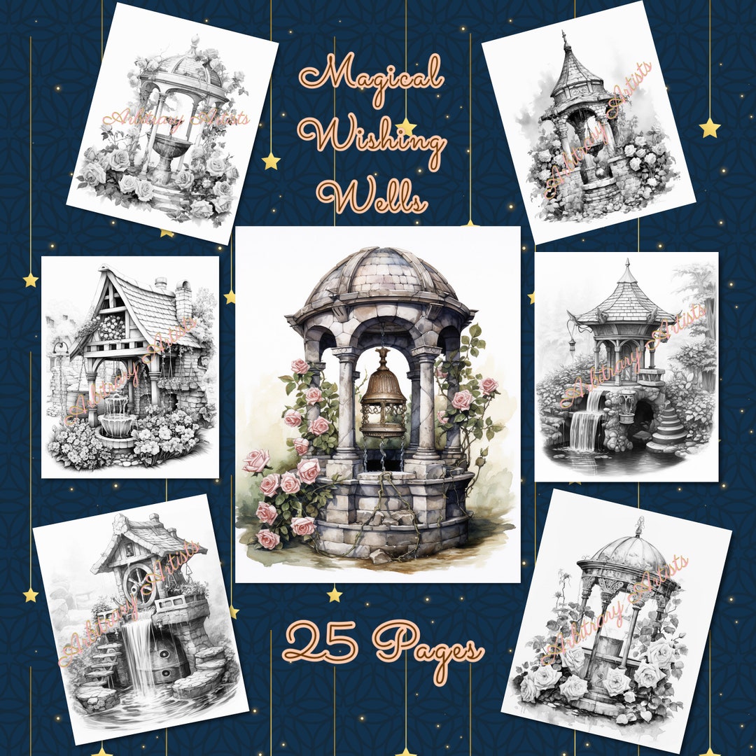 Magical Wishing Wells 25 Grayscale Coloring Pages - Etsy