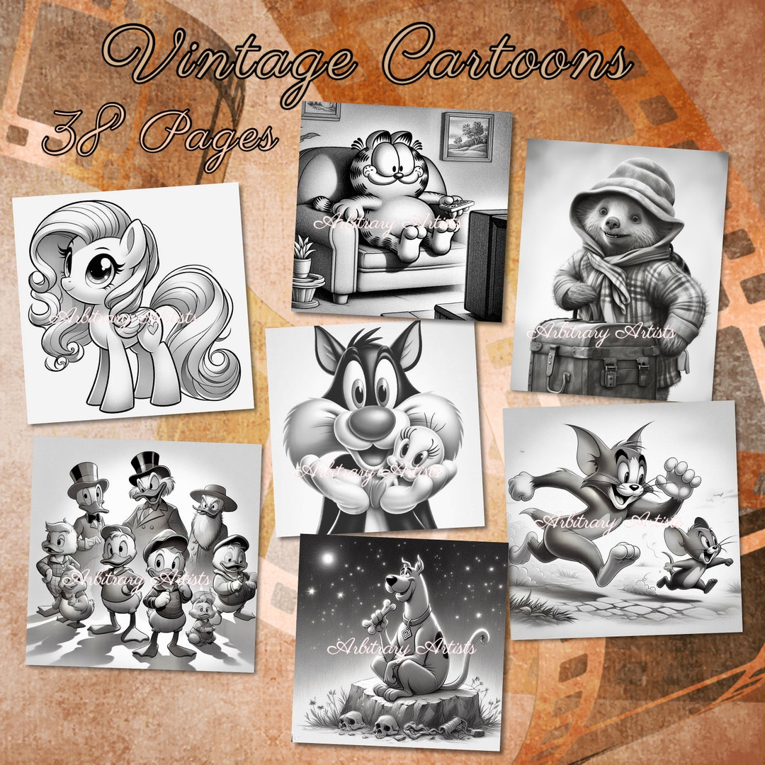 Vintage Cartoons 38 Grayscale Coloring Pages - Etsy
