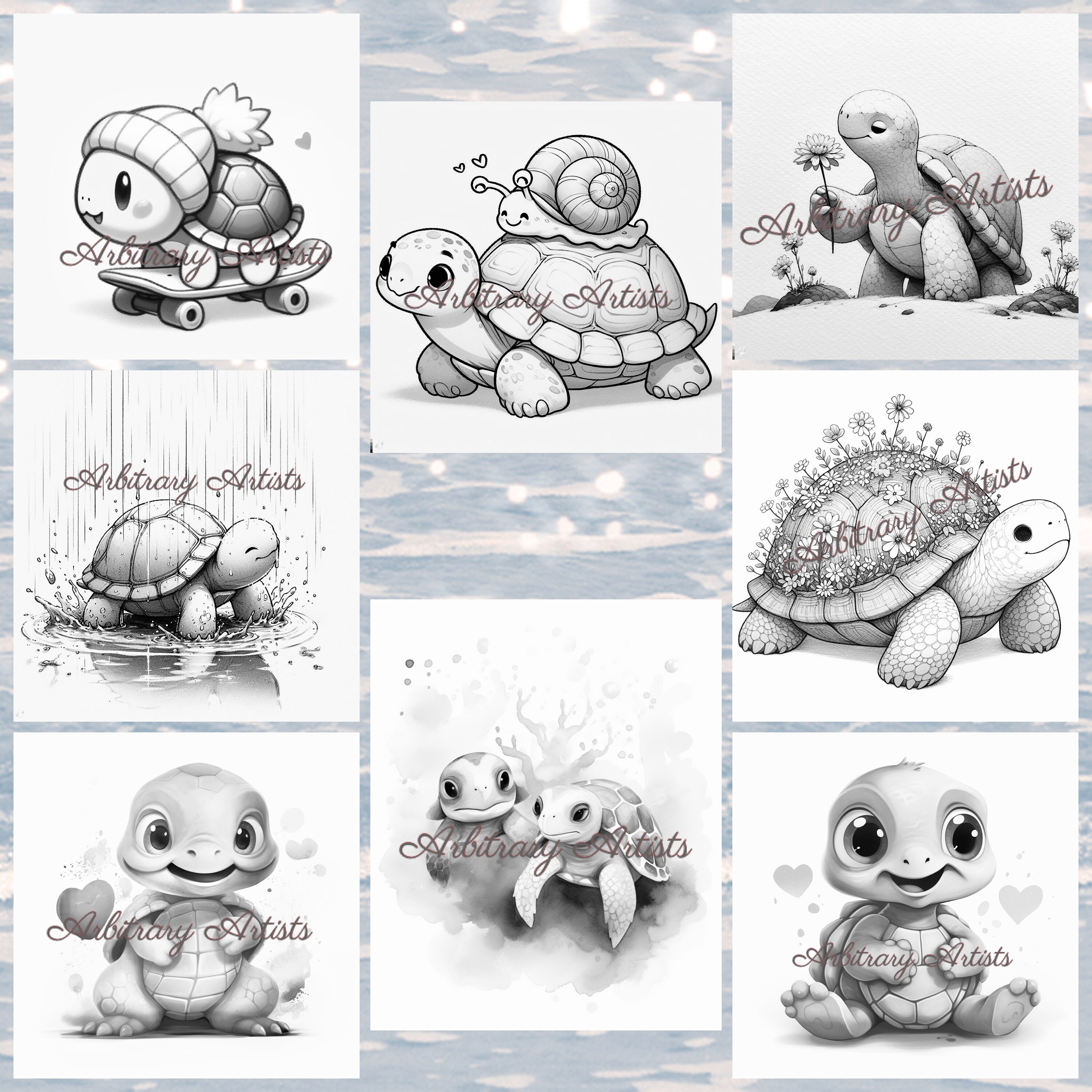 Cute Turtle Coloring Pages: 51 Grayscale Designs (PDF Download) - Etsy