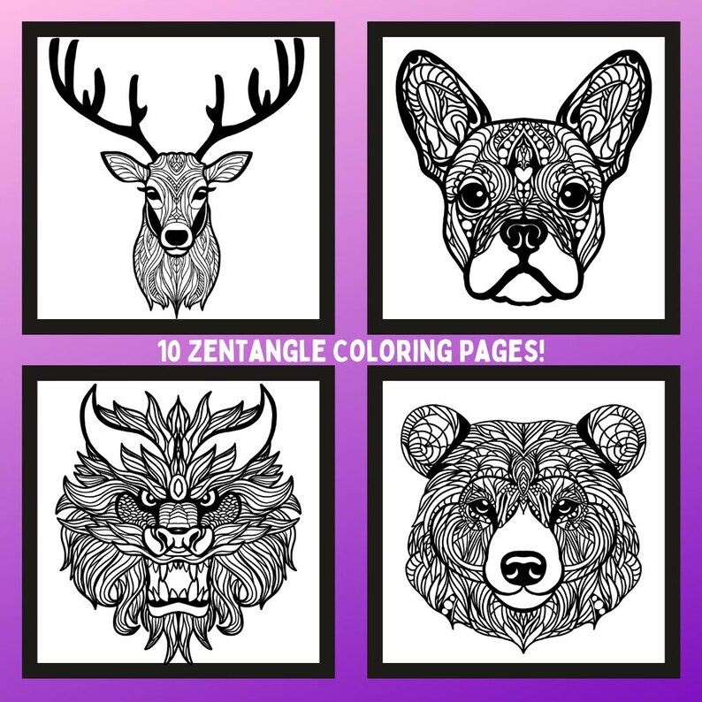 Zentangle Animals Coloring Book for Adults Bundle of 10 Animals ...