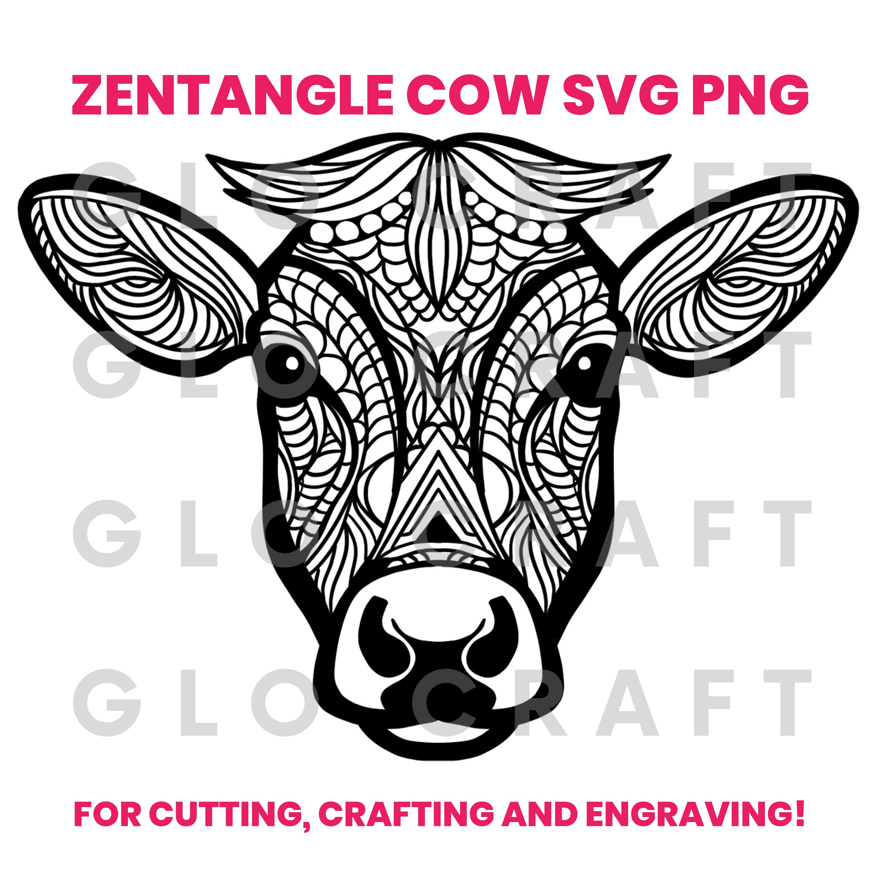 Zentangle Cow Head SVG PNG: Cutting & Engraving Files (digital Download ...