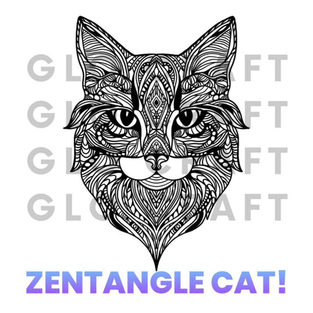 Zen Tangle Cat Head Pattern Outline SVG PNG Crafting Engraving Cutting ...
