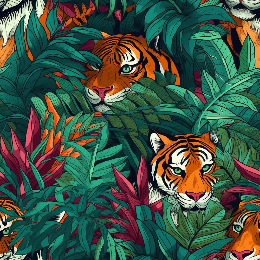 Jungle Tiger Seamless Pattern, Colorful Background, Scrapbook, Sewing ...