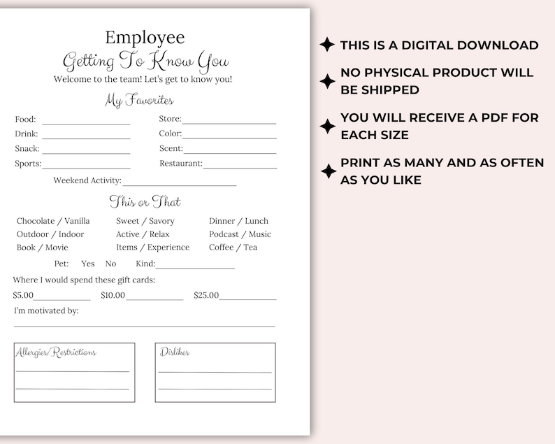 Employee Getting to Know You Printable - Employee Favorites Things ...