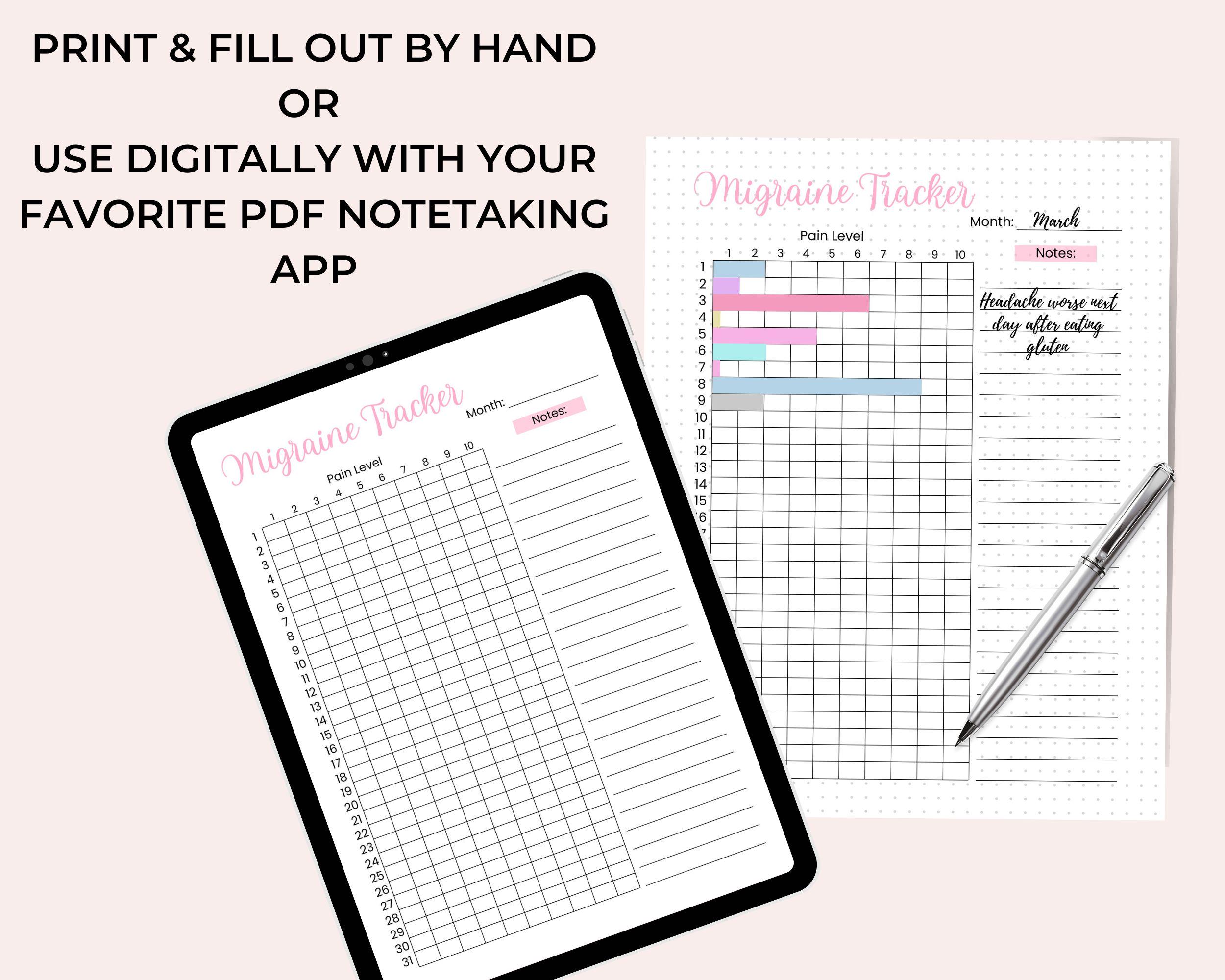 Monthly Migraine Tracker Printable - Journal Page - Headache Log - Pain ...
