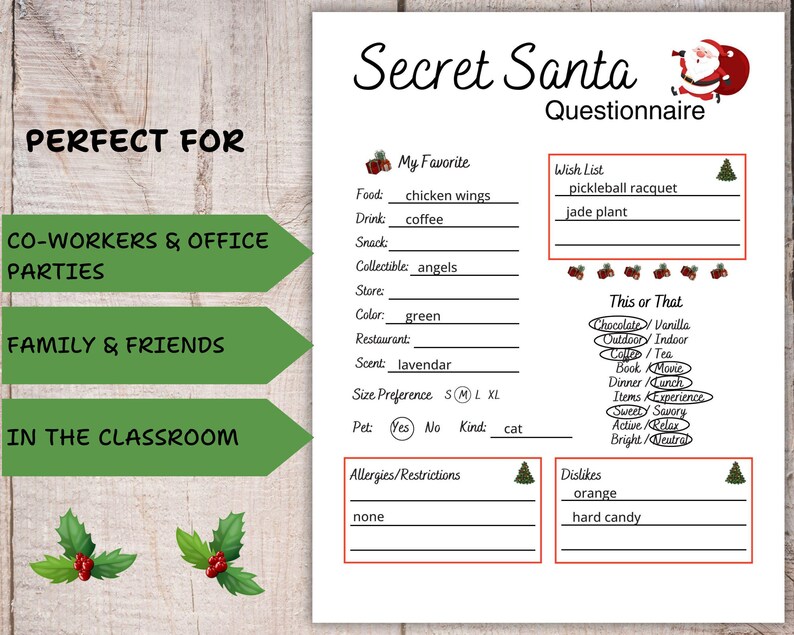 Secret Santa Questionnaire Printable, Gift Exchange List (digital ...