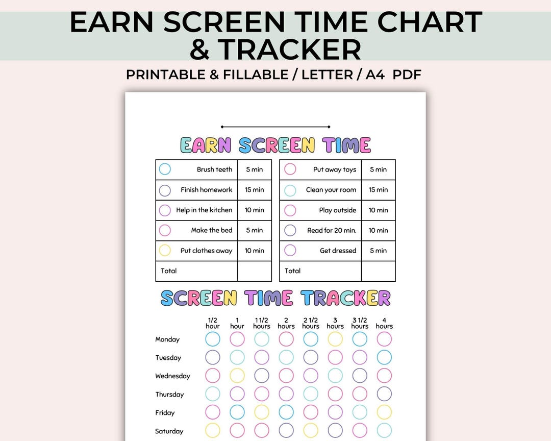 Editable Kids Screen Time Tracker and Chore List - Printable Earn Screen Time Chart - Monitor ...