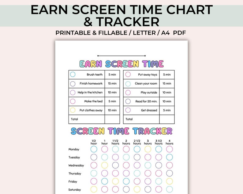 Editable Kids Screen Time Tracker and Chore List - Printable Earn ...