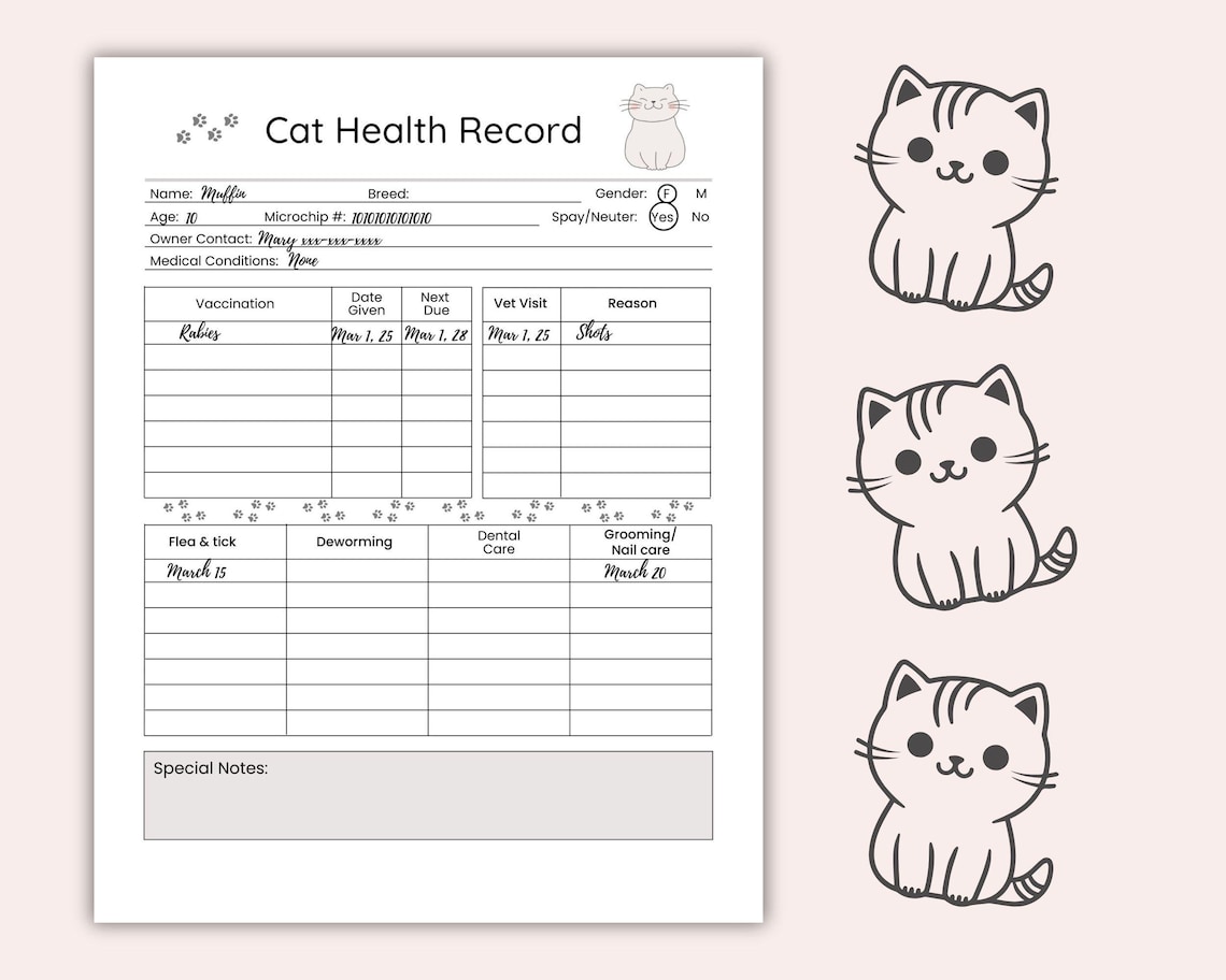 Cat Health Record Printable, Pet Health and Grooming Tracker, Editable ...