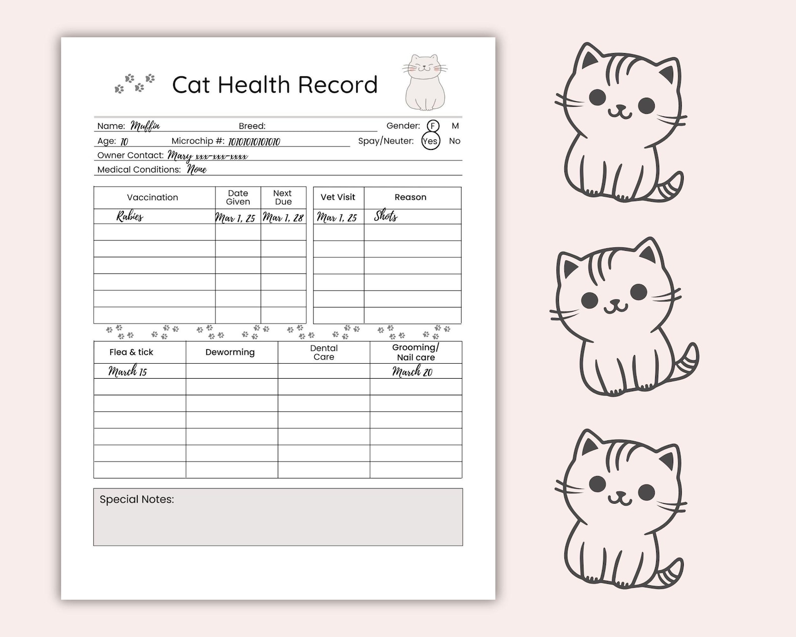Cat Health Record Printable, Pet Health and Grooming Tracker, Editable ...
