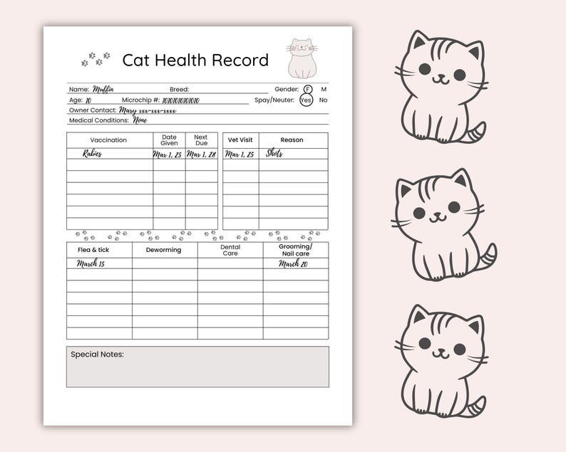 Cat Health Record Printable, Pet Health and Grooming Tracker, Editable ...