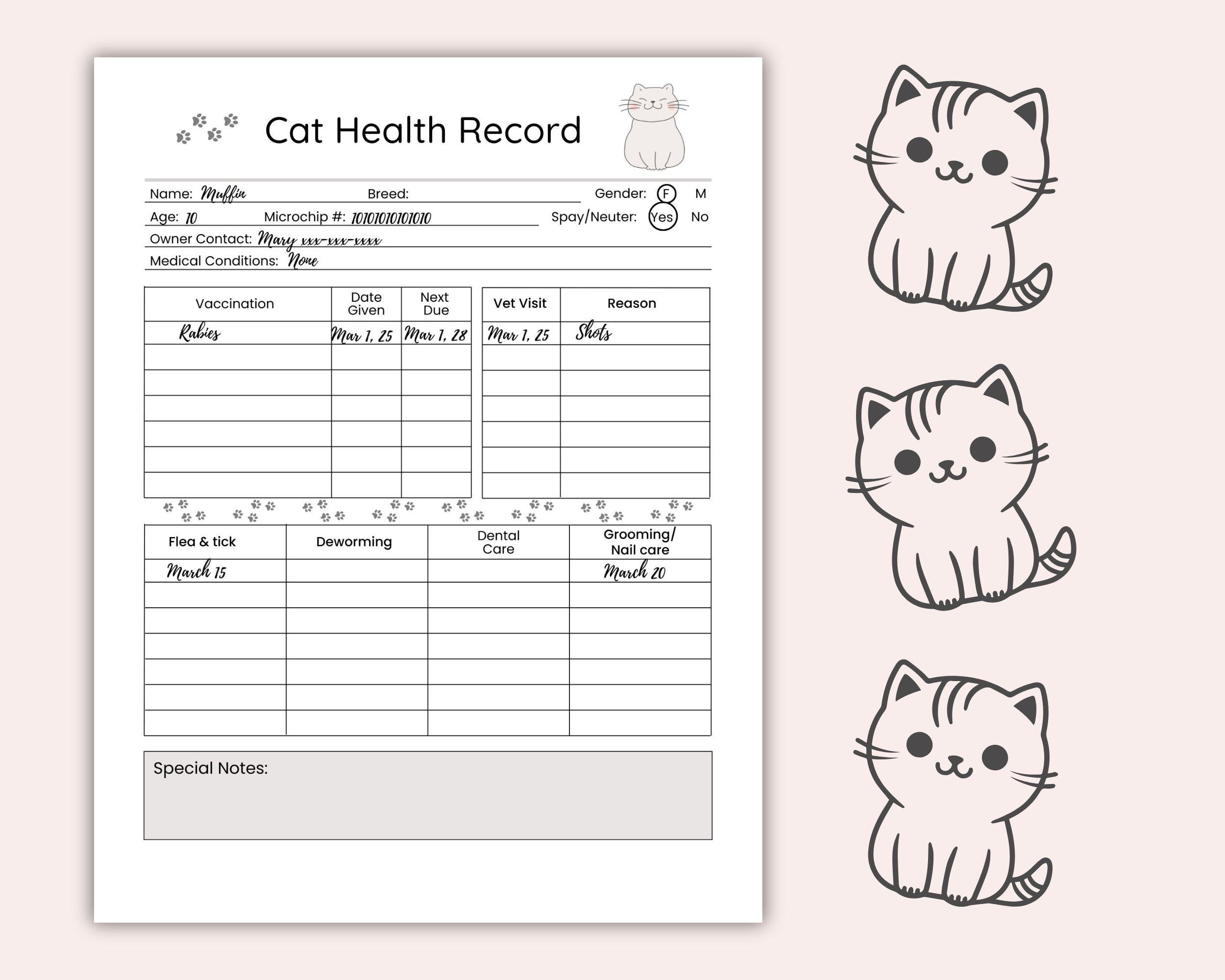 Cat Health Record Printable, Pet Health and Grooming Tracker, Editable ...