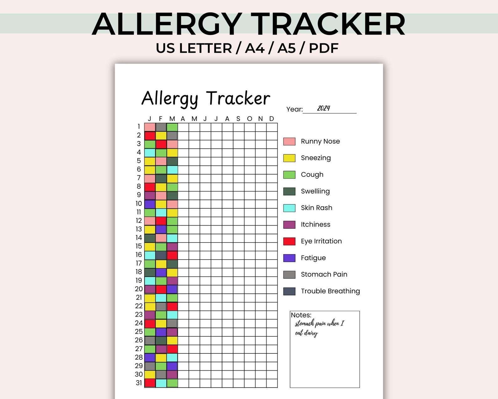 Yearly Allergy Tracker Printable - Journal Page - Allergies Log - Track ...