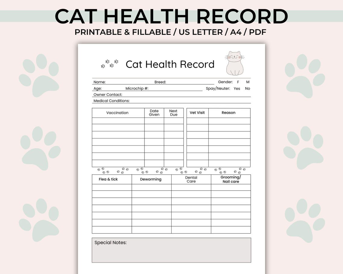 Cat Health Record Printable, Pet Health and Grooming Tracker, Editable ...