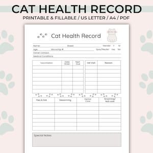 Cat Health Record Printable, Pet Health and Grooming Tracker, Editable ...