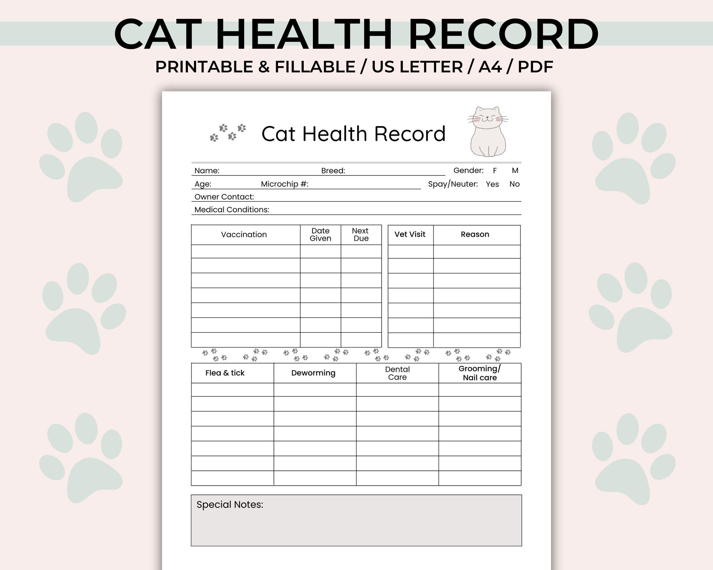 Cat Health Record Printable, Pet Health and Grooming Tracker, Editable ...