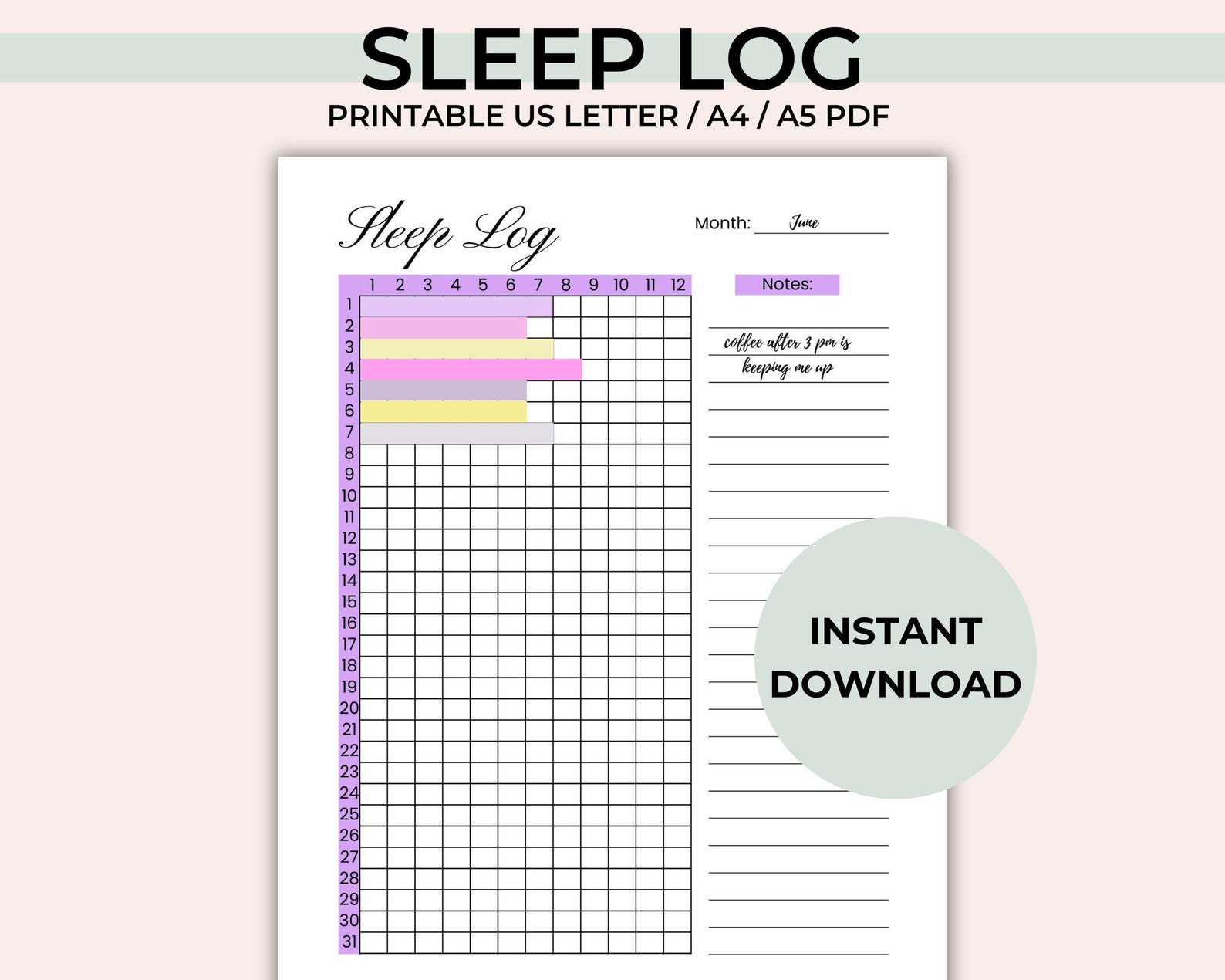 Monthly Sleep Log Printable, Sleep Tracker, Sleep Journal, Sleep ...