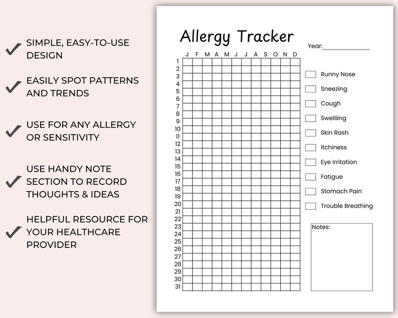 Yearly Allergy Tracker Printable - Journal Page - Allergies Log - Track ...