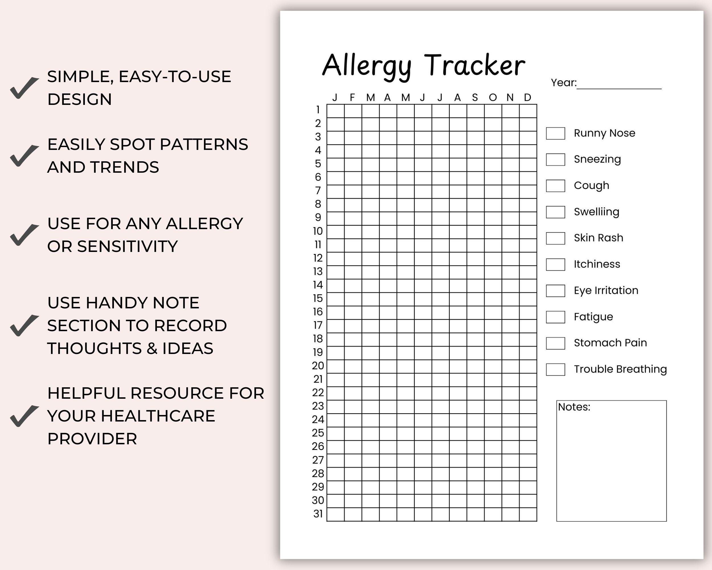 Yearly Allergy Tracker Printable - Journal Page - Allergies Log - Track ...