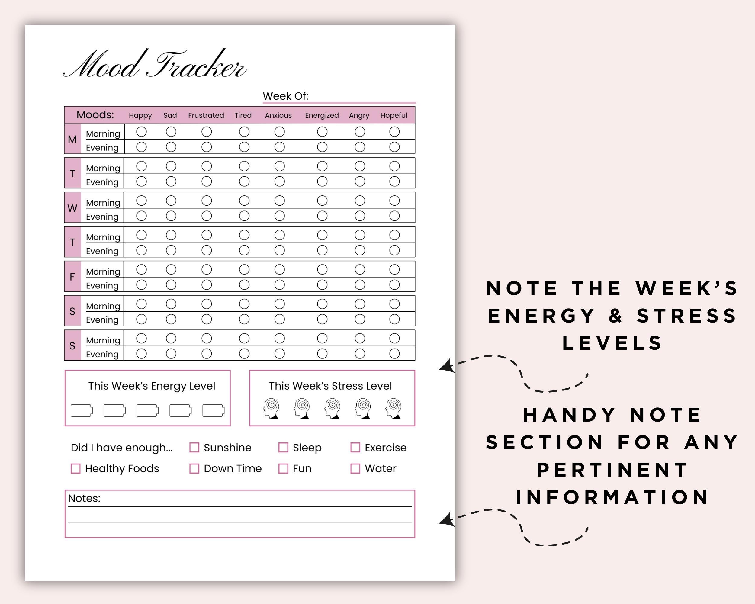 Mood Tracker Printable, Weekly Mood Log, Feelings Tracker, Emotions ...