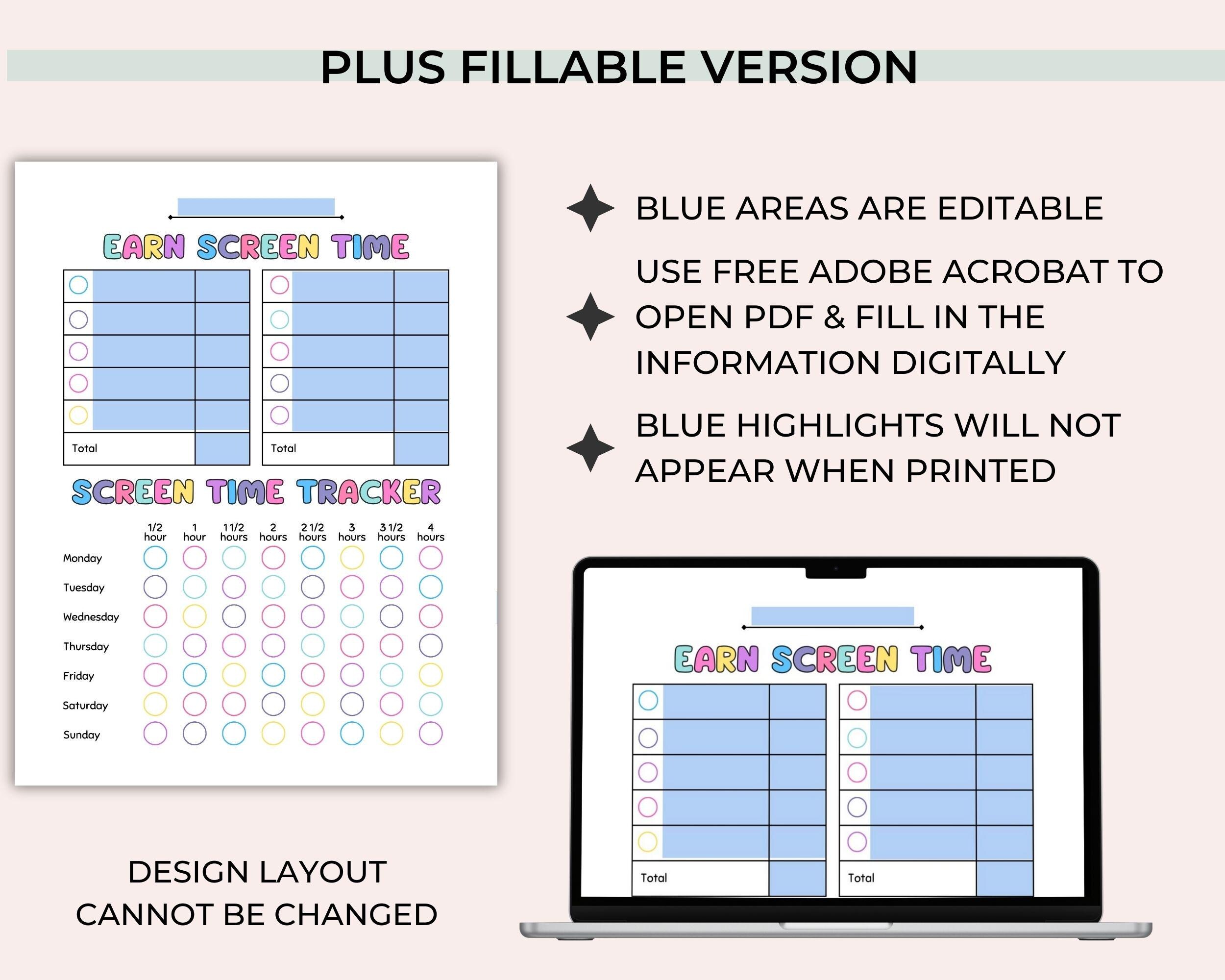 Editable Kids Screen Time Tracker and Chore List - Printable Earn ...