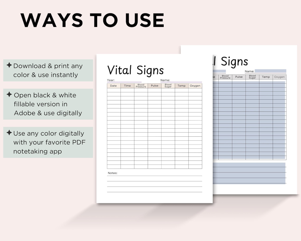 Editable & Printable Vital Signs Chart, Vital Signs Log, Nursing ...