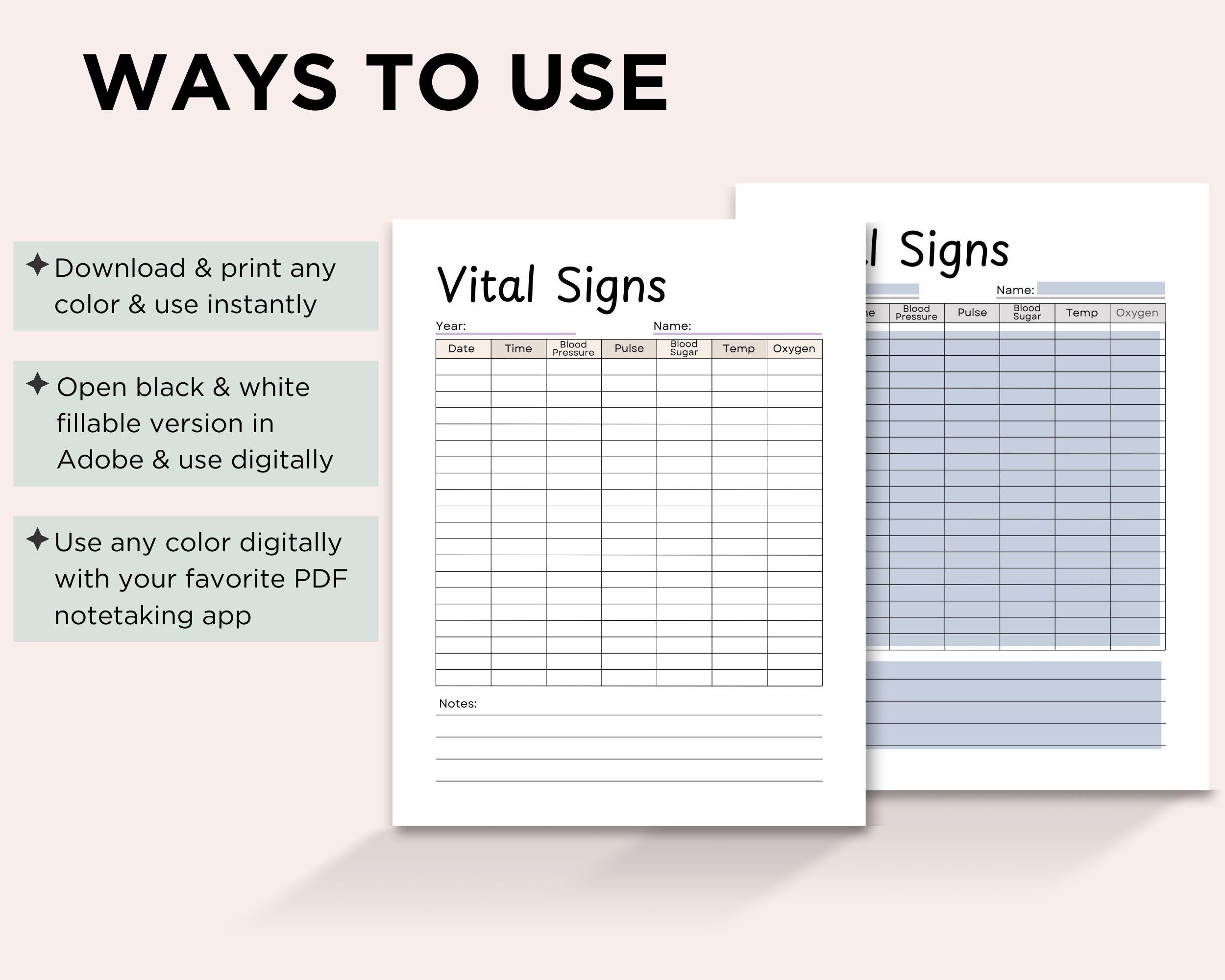 Editable & Printable Vital Signs Chart, Vital Signs Log, Nursing ...
