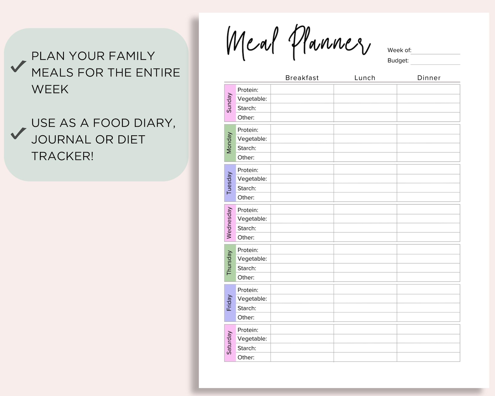 Editable Meal Planner and Grocery List, Weekly Meal Tracker Printable ...