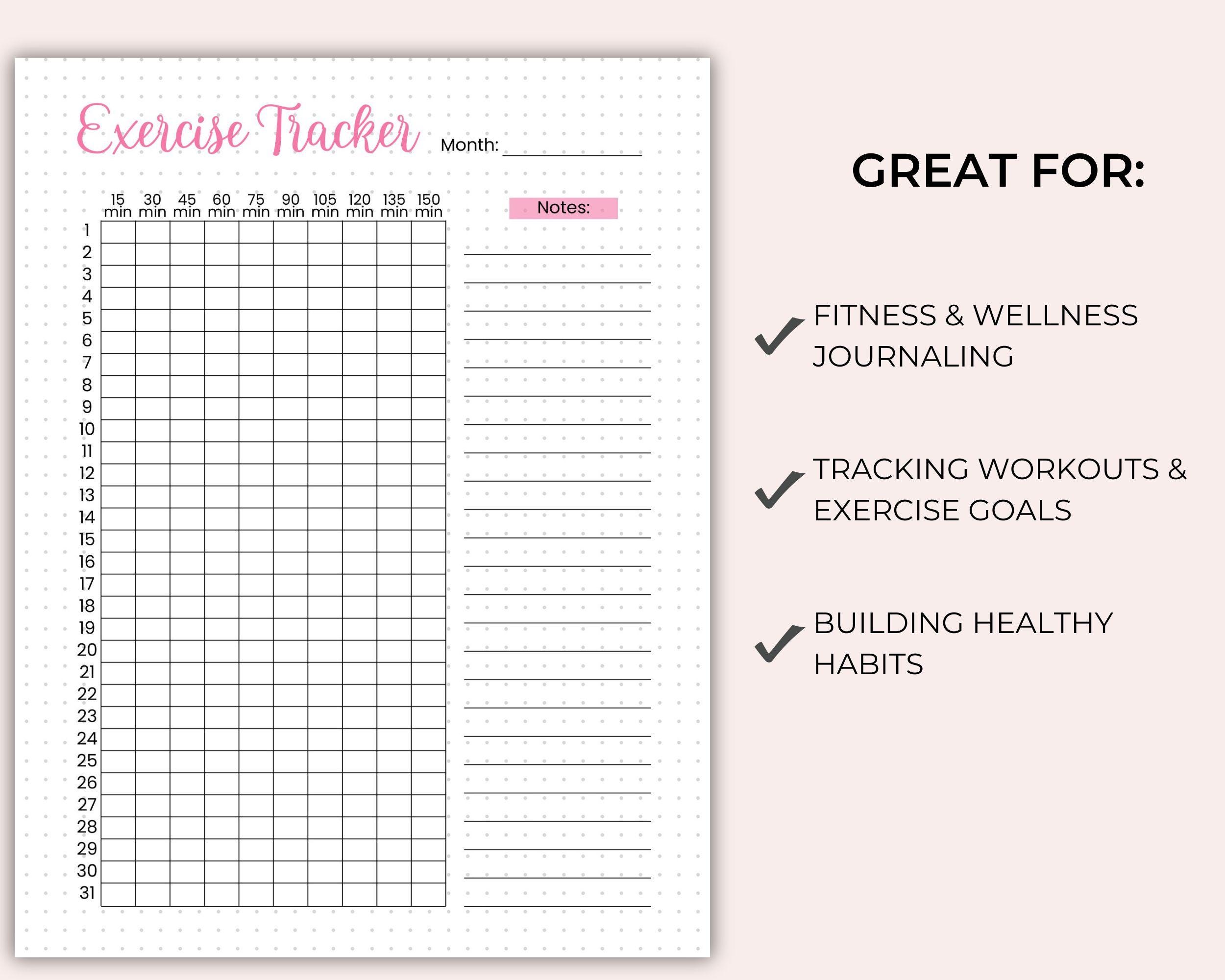 Monthly Exercise Tracker Printable: Fitness Journal Page, Workout Goal ...