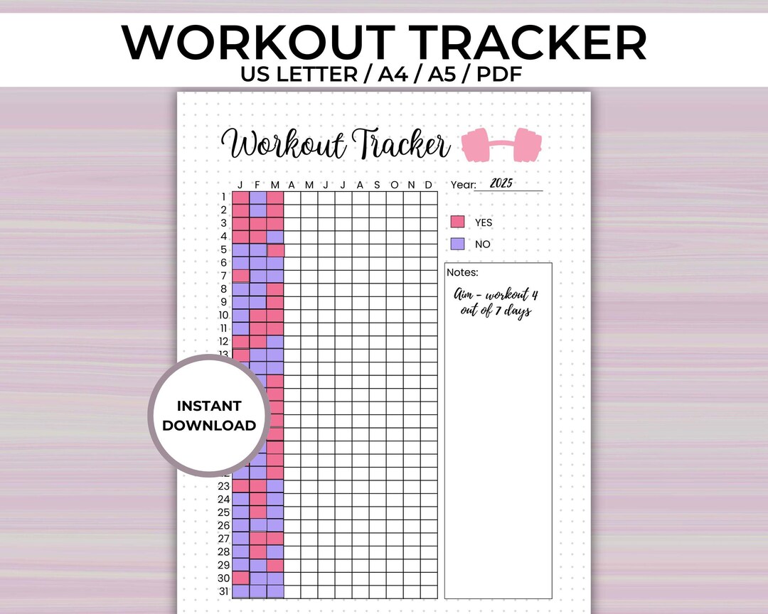 Yearly Workout Tracker - Printable Journal Page - Daily Exercise Log ...