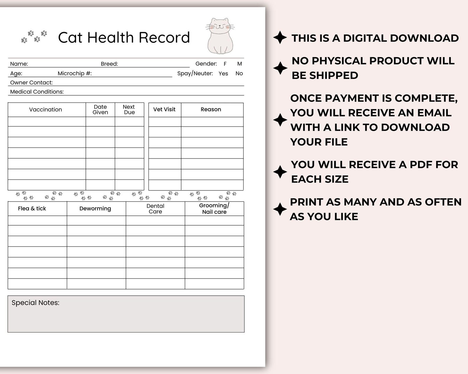 Cat Health Record Printable, Pet Health and Grooming Tracker, Editable ...