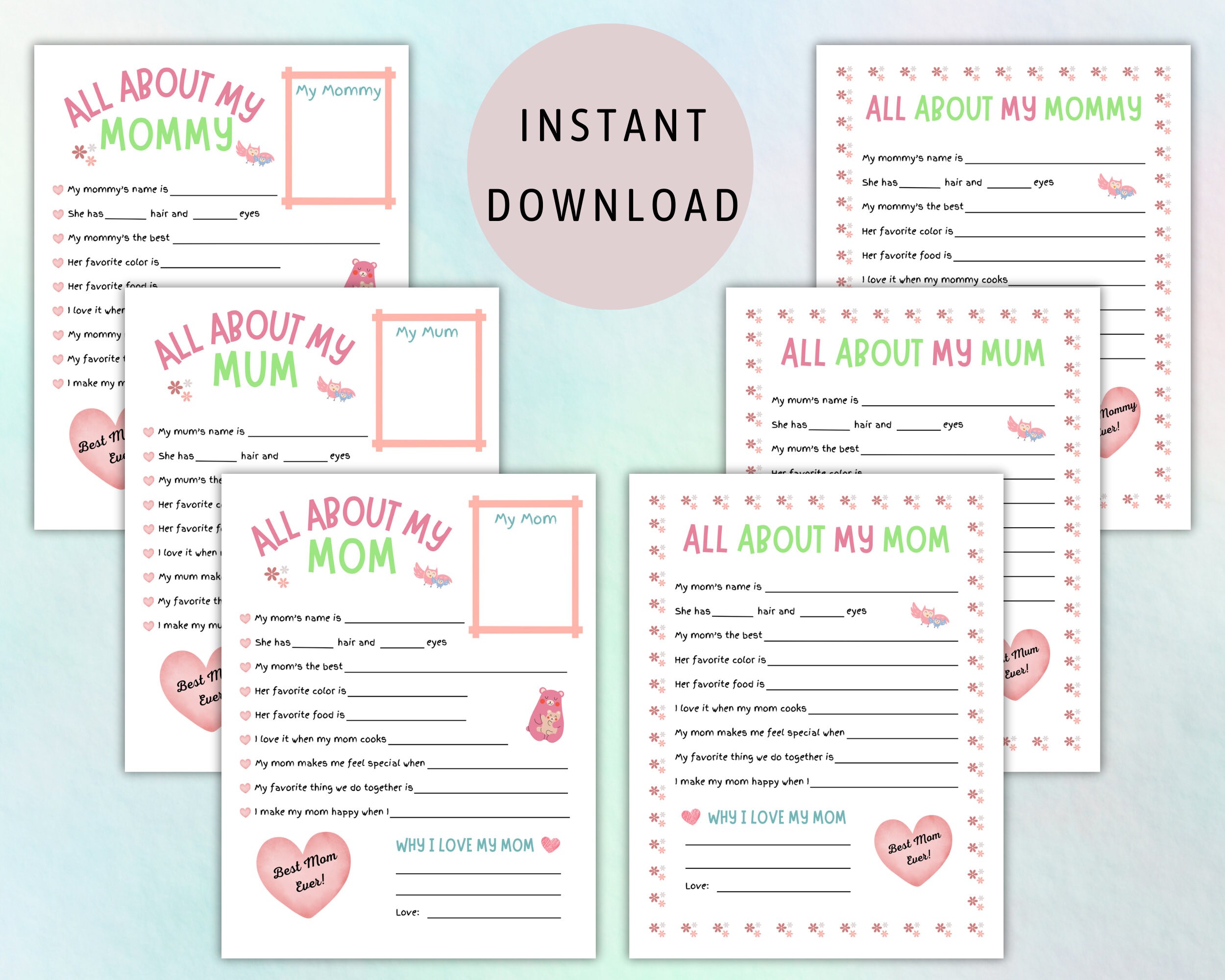 All About My Mom Printable, Mothers Day Gift, Mom Mum Mommy ...