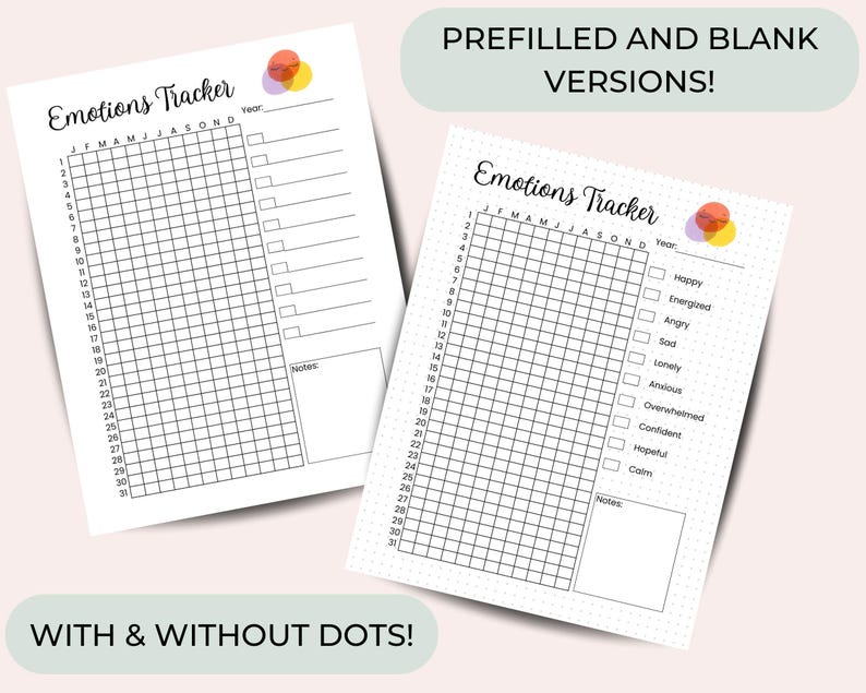 Emotions Tracker Printable - Yearly Feelings Tracker - Mental Wellness ...
