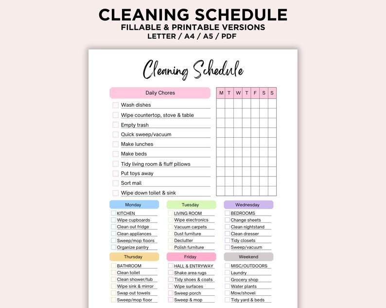 Editable Cleaning Schedule, Printable Cleaning to Do List, Weekly ...