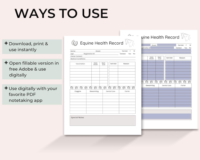 Equine Health Record Printable, Editable Horse Health Tracker, Pet ...