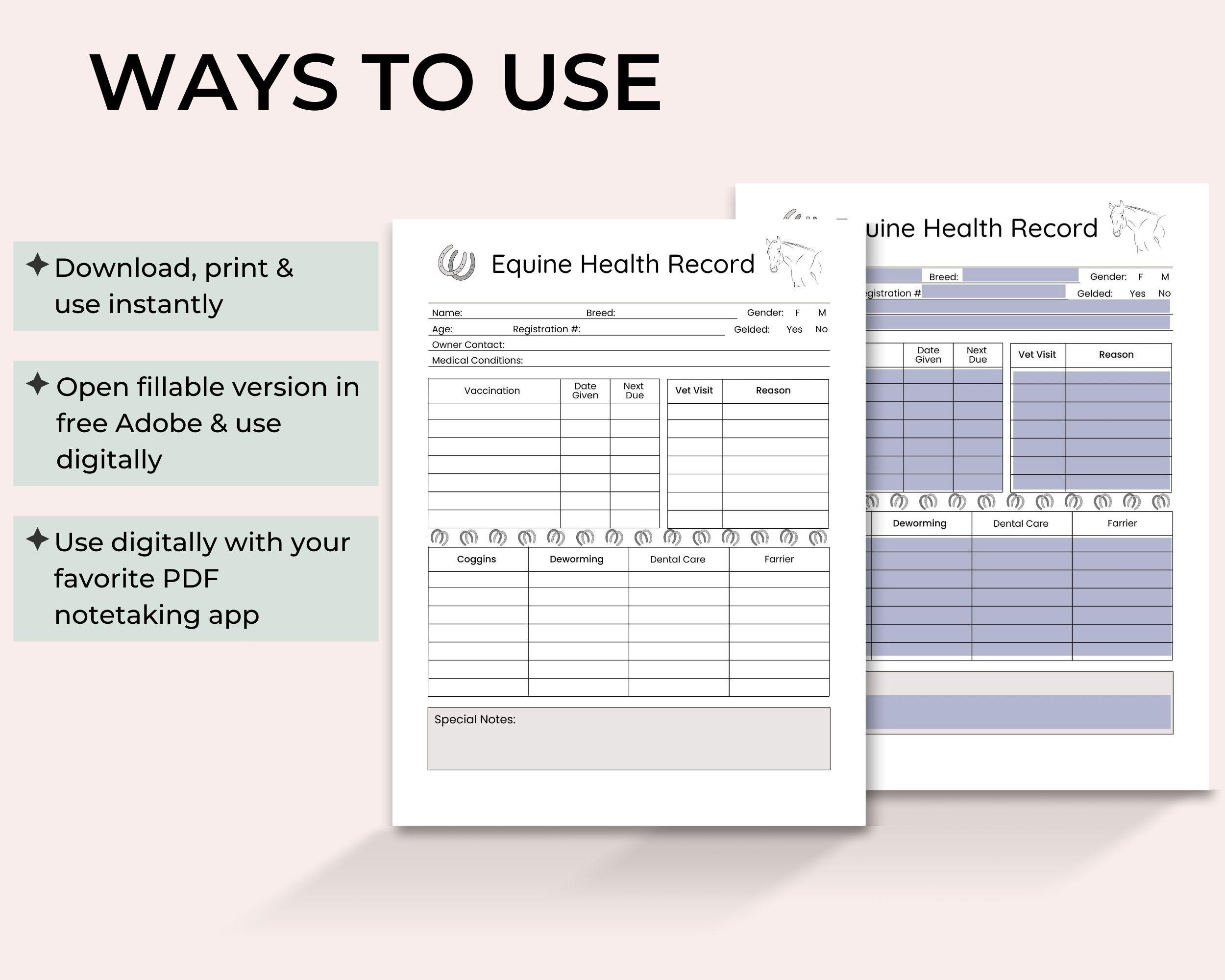 Equine Health Record Printable, Editable Horse Health Tracker, Pet ...
