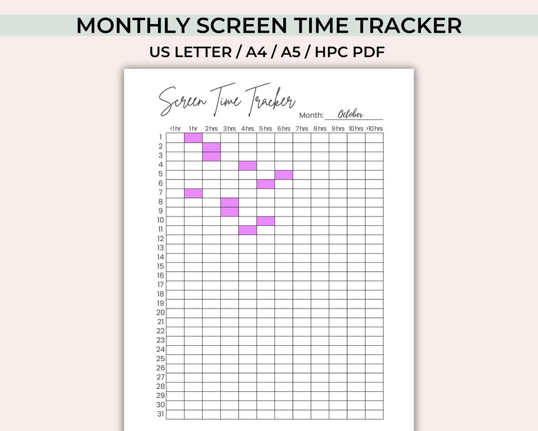 Monthly Screen Time Tracker - Printable Journal Page - Daily Screen Time Tracking - Screen Time ...