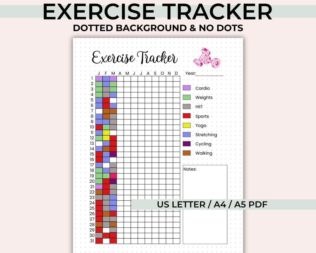 Yearly Exercise Tracker, Printable Journal Page, Fitness Goal Planner ...