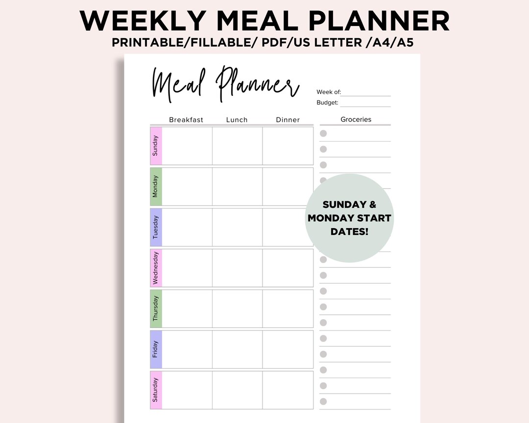 Editable Meal Planner Printable With Grocery List, Weekly Menu Plan ...