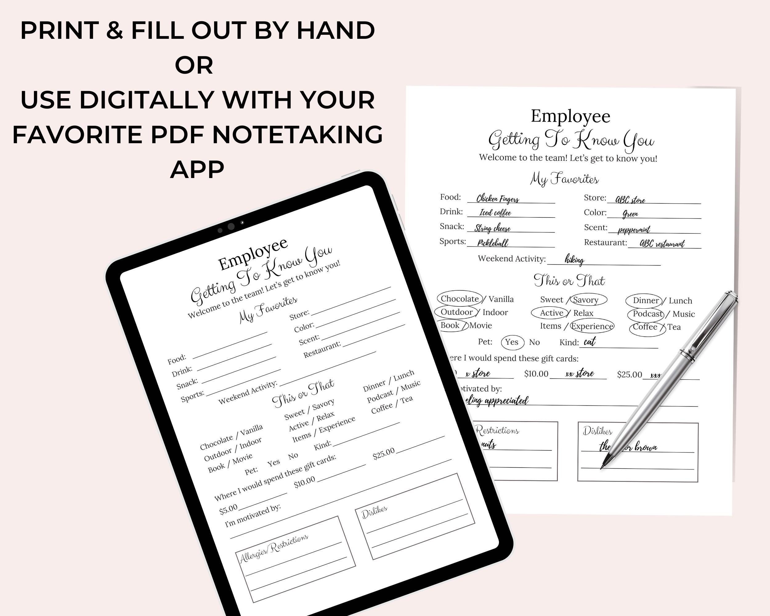 Employee Getting to Know You Printable - Employee Favorites Things ...