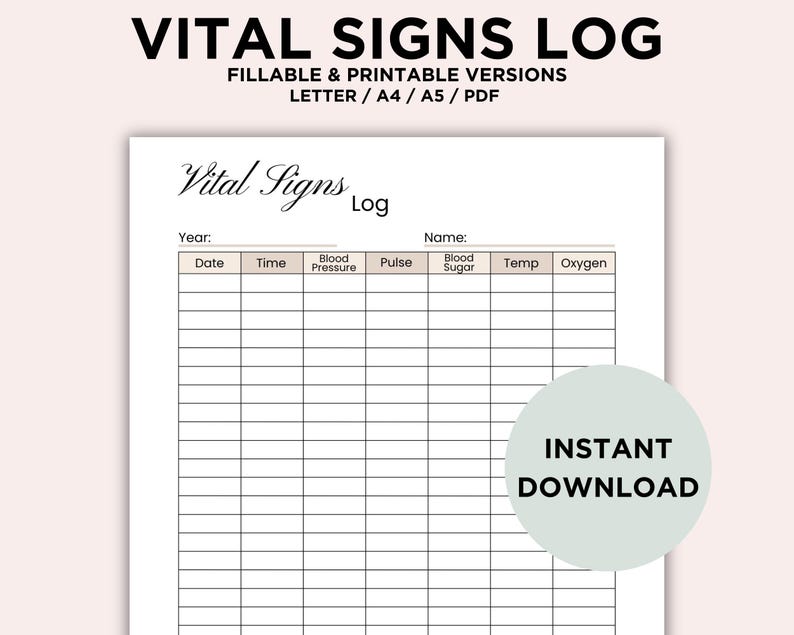 Printable Vital Signs Log: Nursing Tracker PDF (US Letter/a4/a5 Digital ...