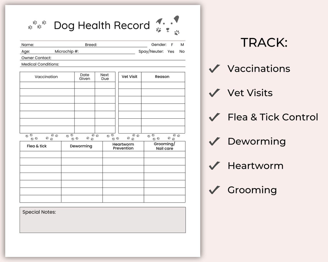 Dog Health Record Printable, Pet Health and Grooming Tracker, Editable ...