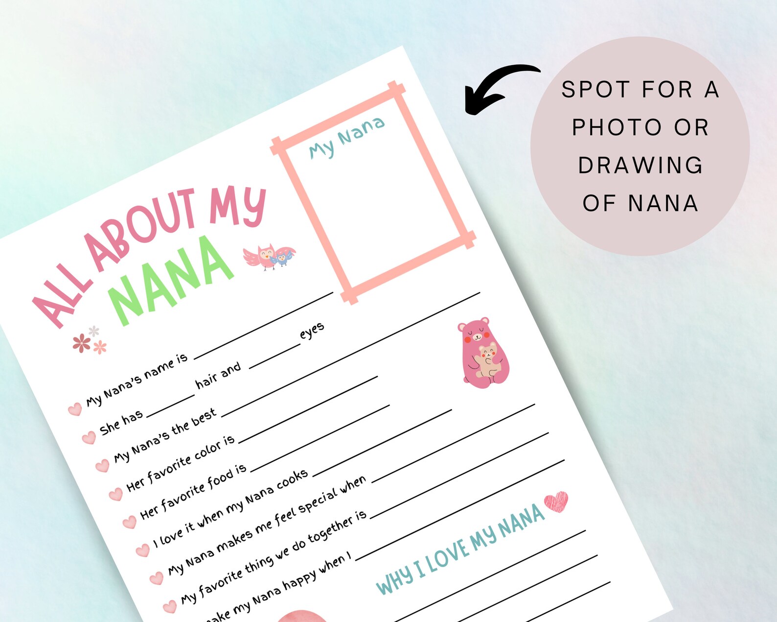All About My Nana Printable, Mother’s Day Gift for Nana, Reasons I Love ...