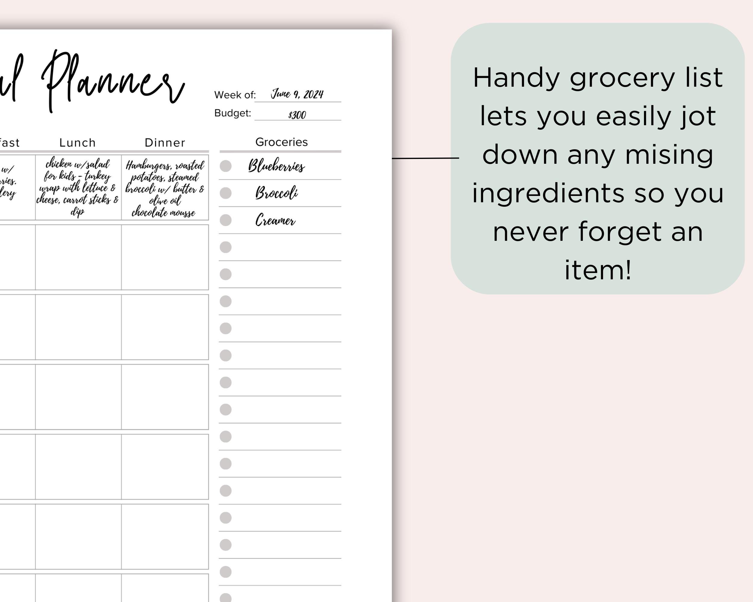 Editable Meal Planner Printable With Grocery List, Weekly Menu Plan ...