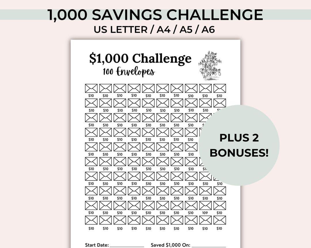 1000 Envelope Savings Challenge, Printable 1K Savings Tracker, Money ...