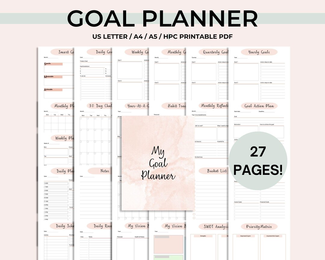 Goal Planner Bundle Printable, SMART Goal Setting, Daily Weekly Monthly ...