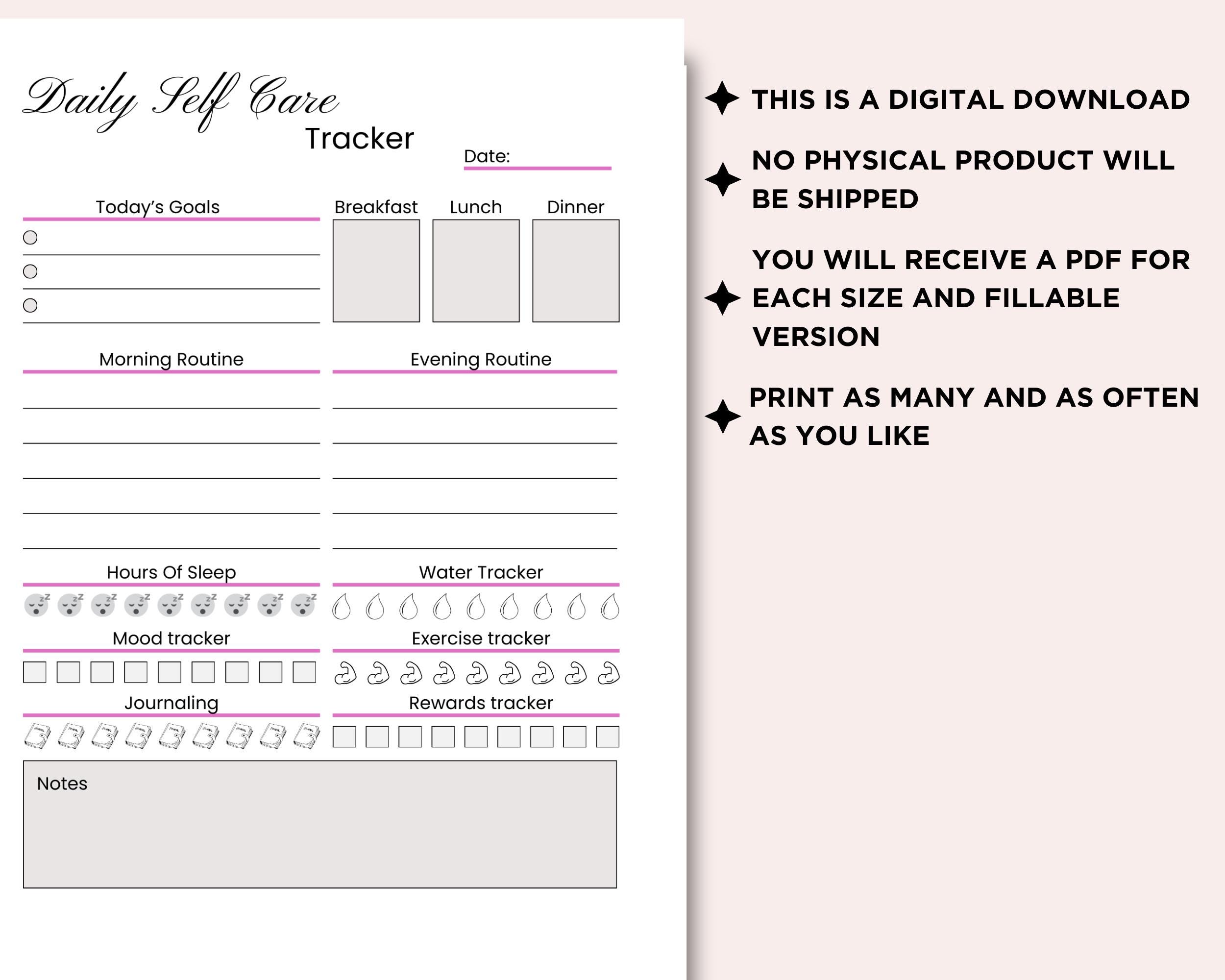 Editable Daily Self Care Tracker - Printable Self Care Planner - Self ...