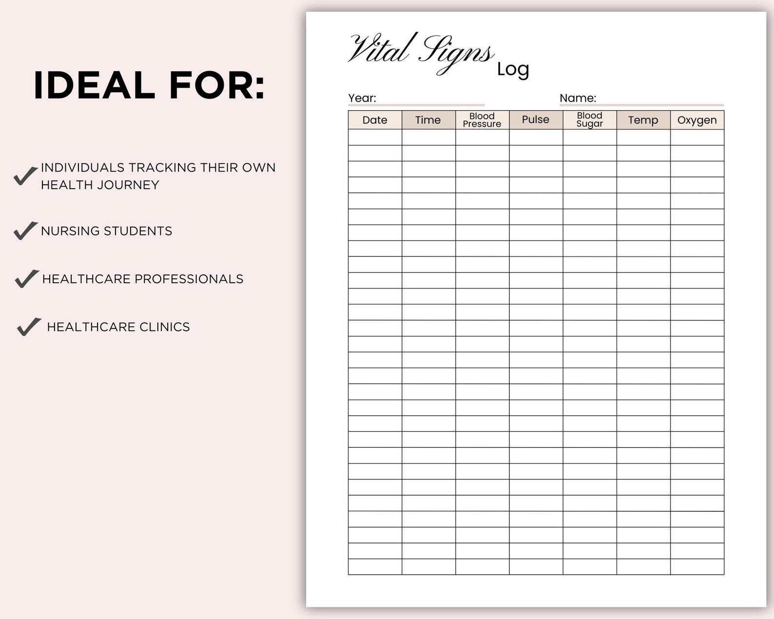 Printable Vital Signs Log: Nursing Tracker PDF (US Letter/a4/a5 Digital ...
