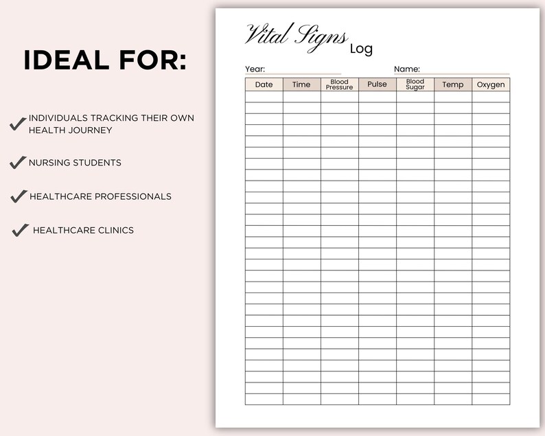 Printable Vital Signs Log: Nursing Tracker PDF (US Letter/a4/a5 Digital ...