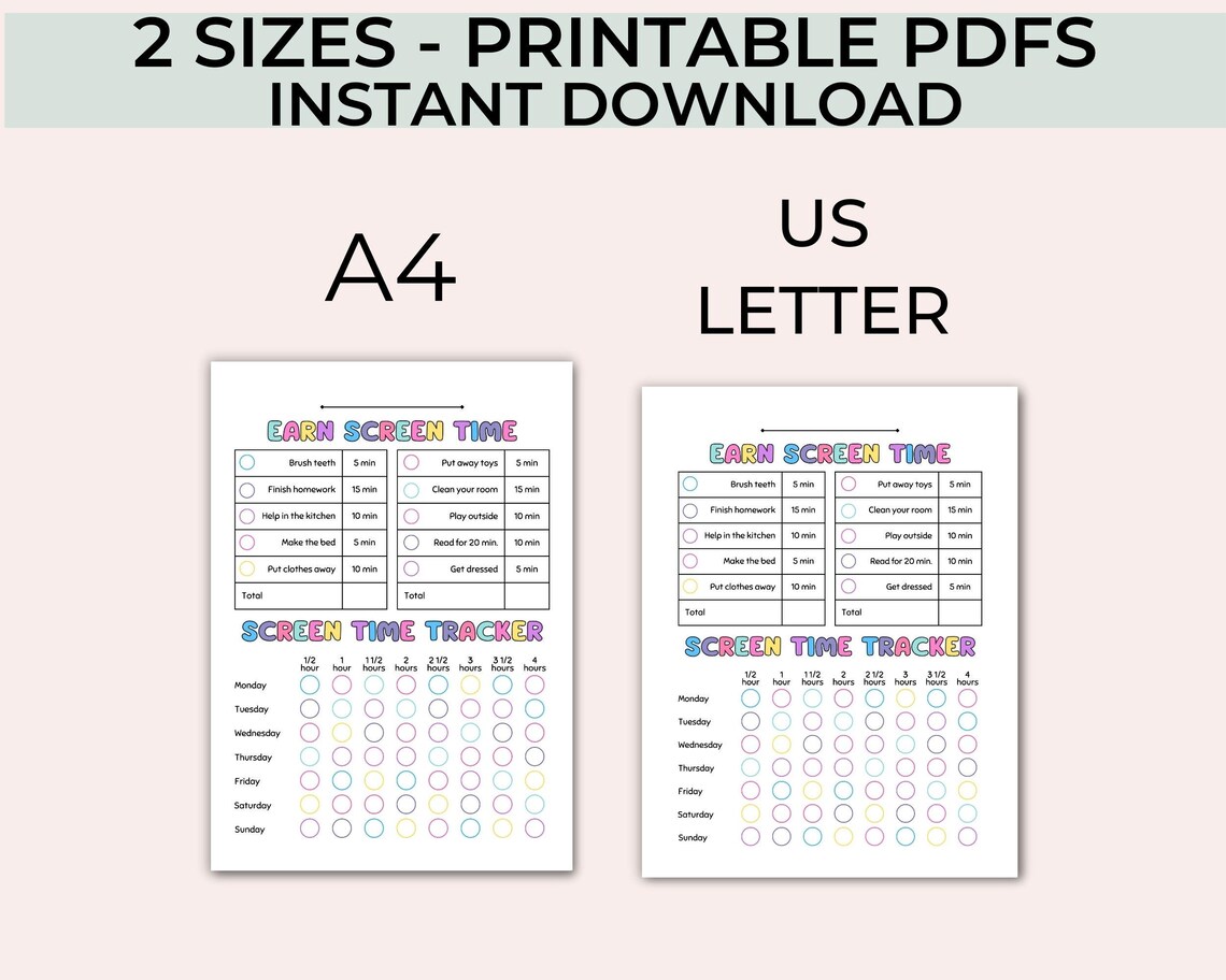 Editable Kids Screen Time Tracker and Chore List - Printable Earn ...